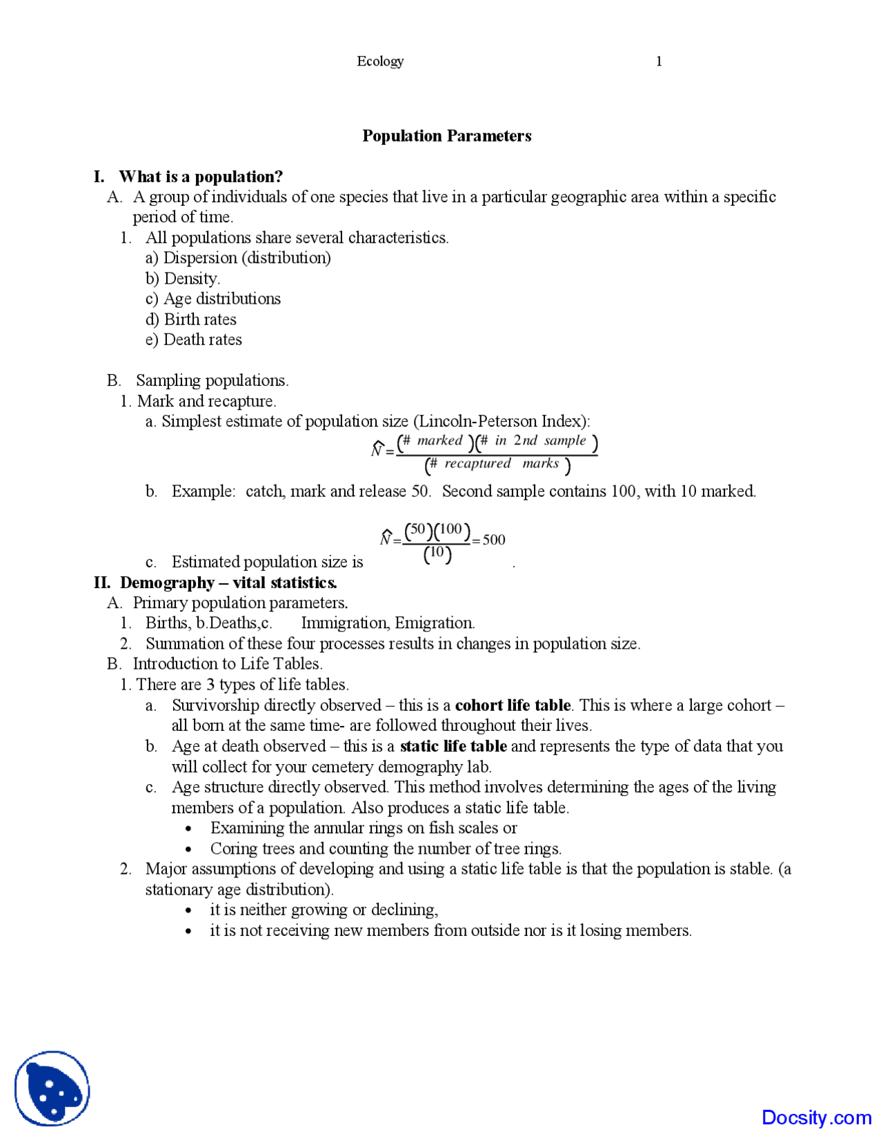 Population Parameters Ecology Lecture Notes Docsity