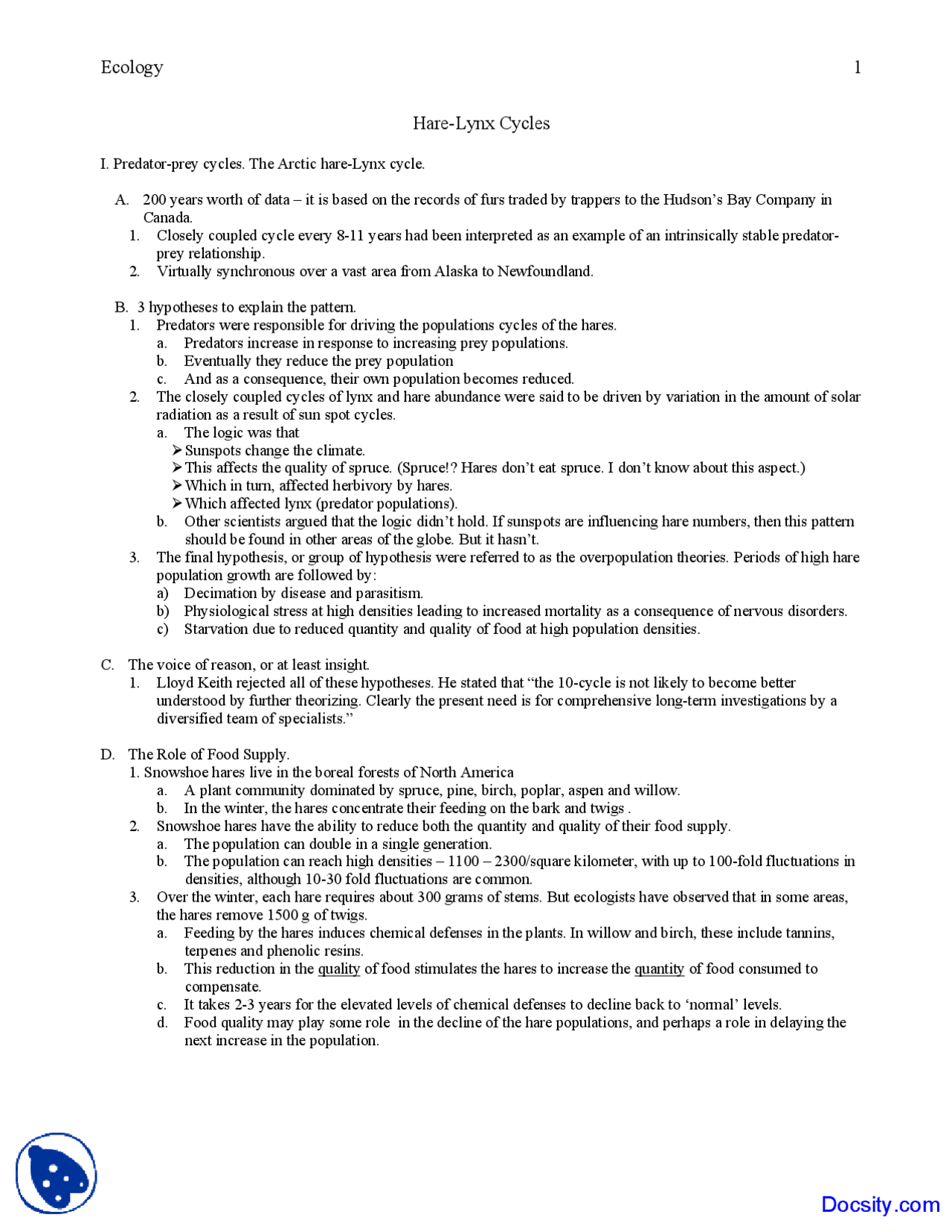 Hare Lynx Cycles Ecology Lecture Notes Docsity