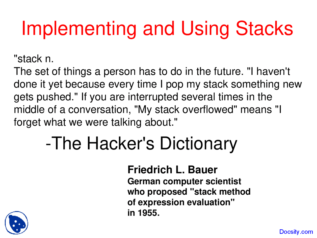 Implementing And Using Stacks Fundamentals Of Computer Science Lecture Slides Docsity