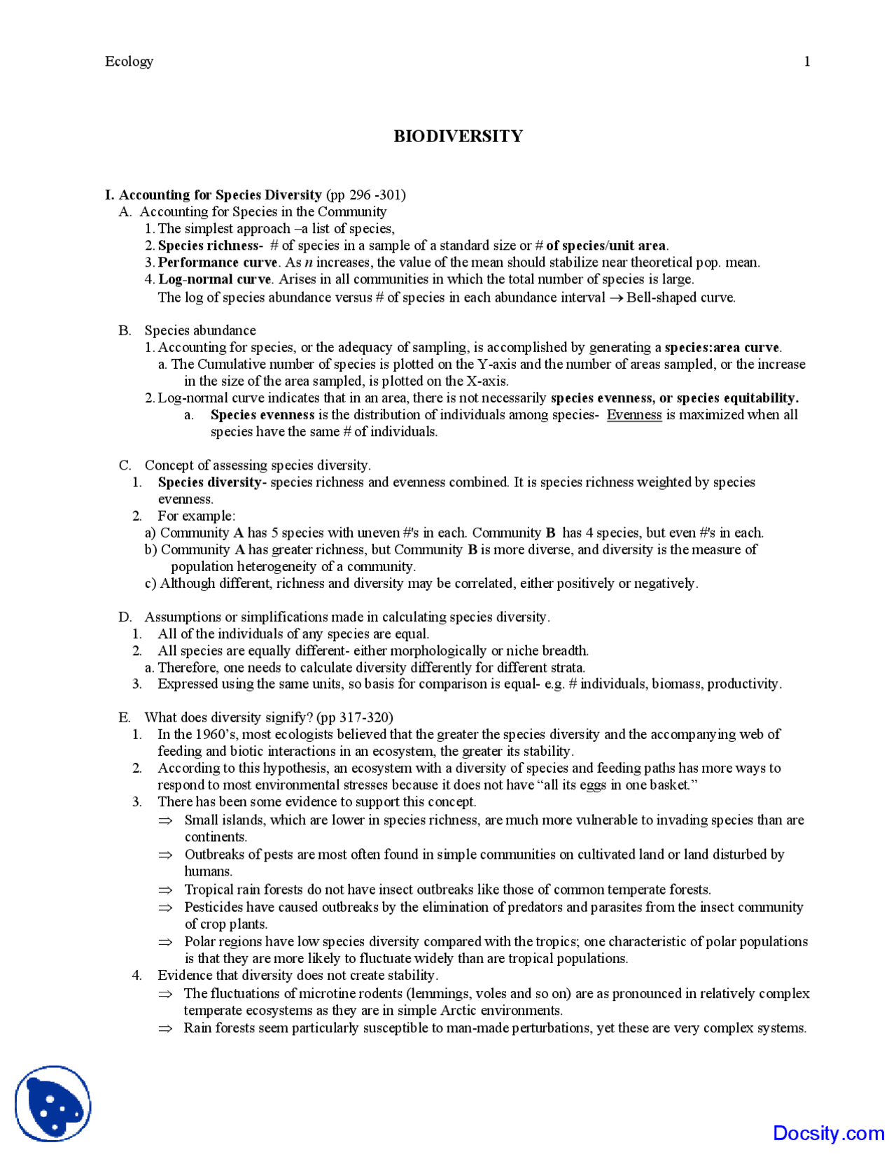 Biodiversity Ecology Lecture Notes Docsity