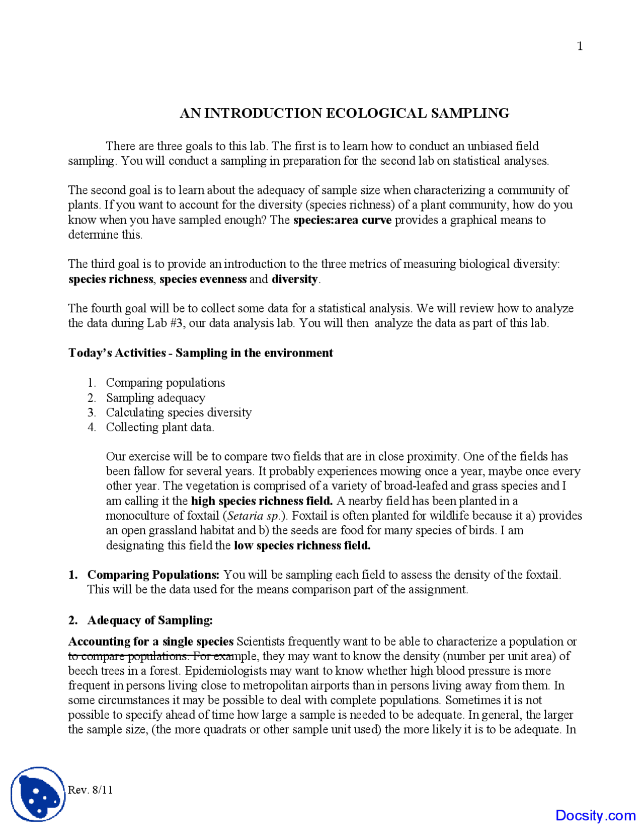 Introduction Ecological Sampling Ecology Lab Handout Docsity