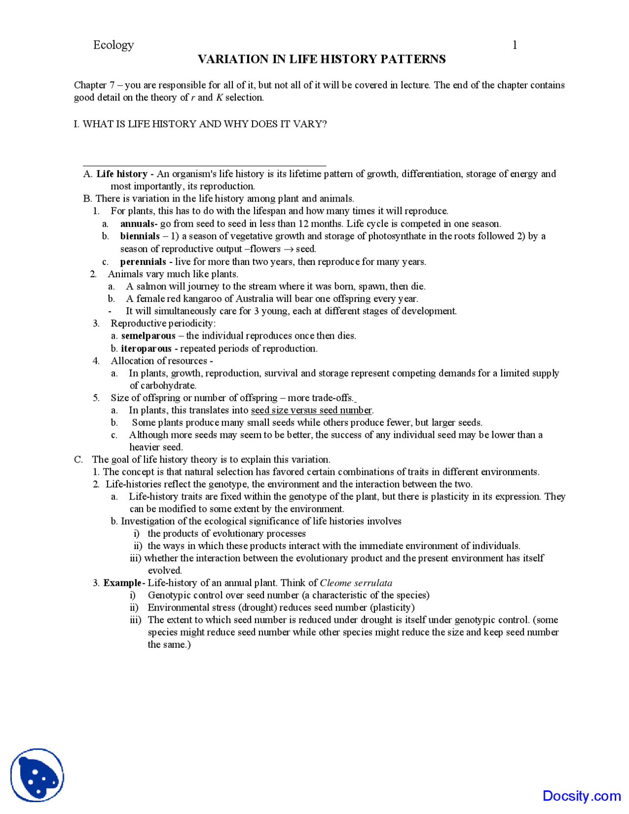 Life History Patterns Ecology Lecture Notes Docsity