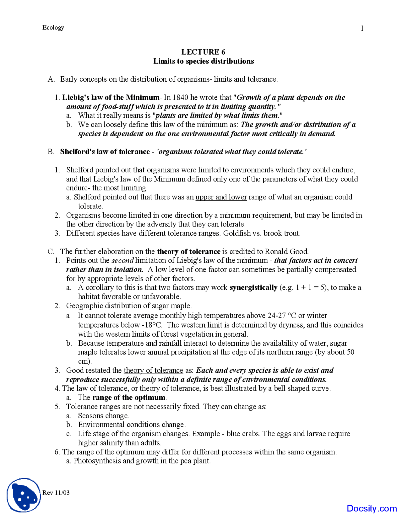 Limits to Species Distributions - Ecology - Lecture Notes | Study notes ...