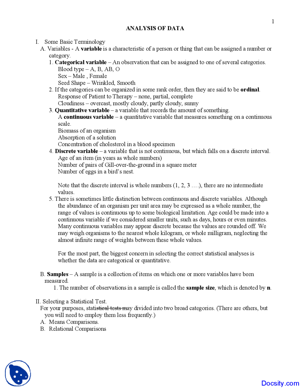 Analysis Of Data Ecology Lab Handout Docsity