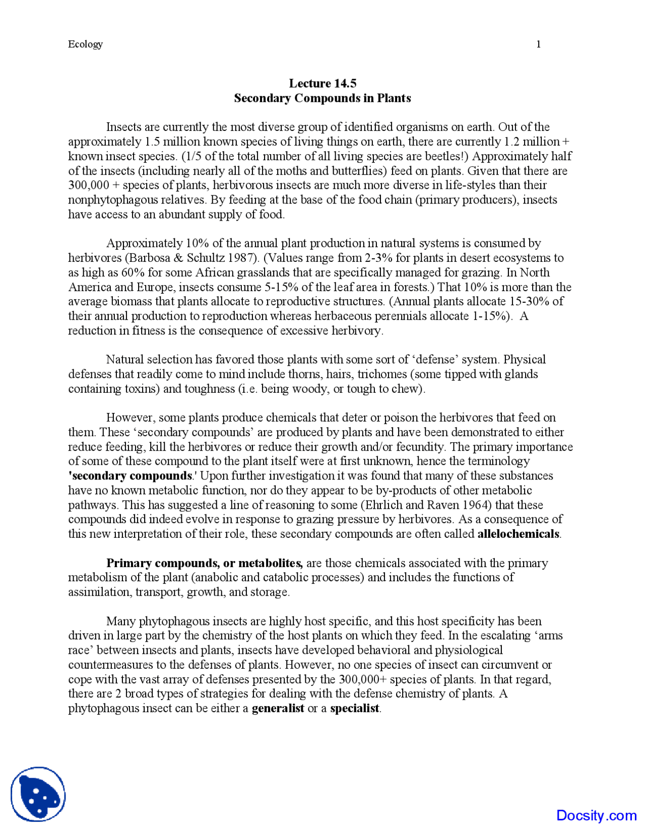 Secondary Compounds In Plants Ecology Lecture Notes Docsity