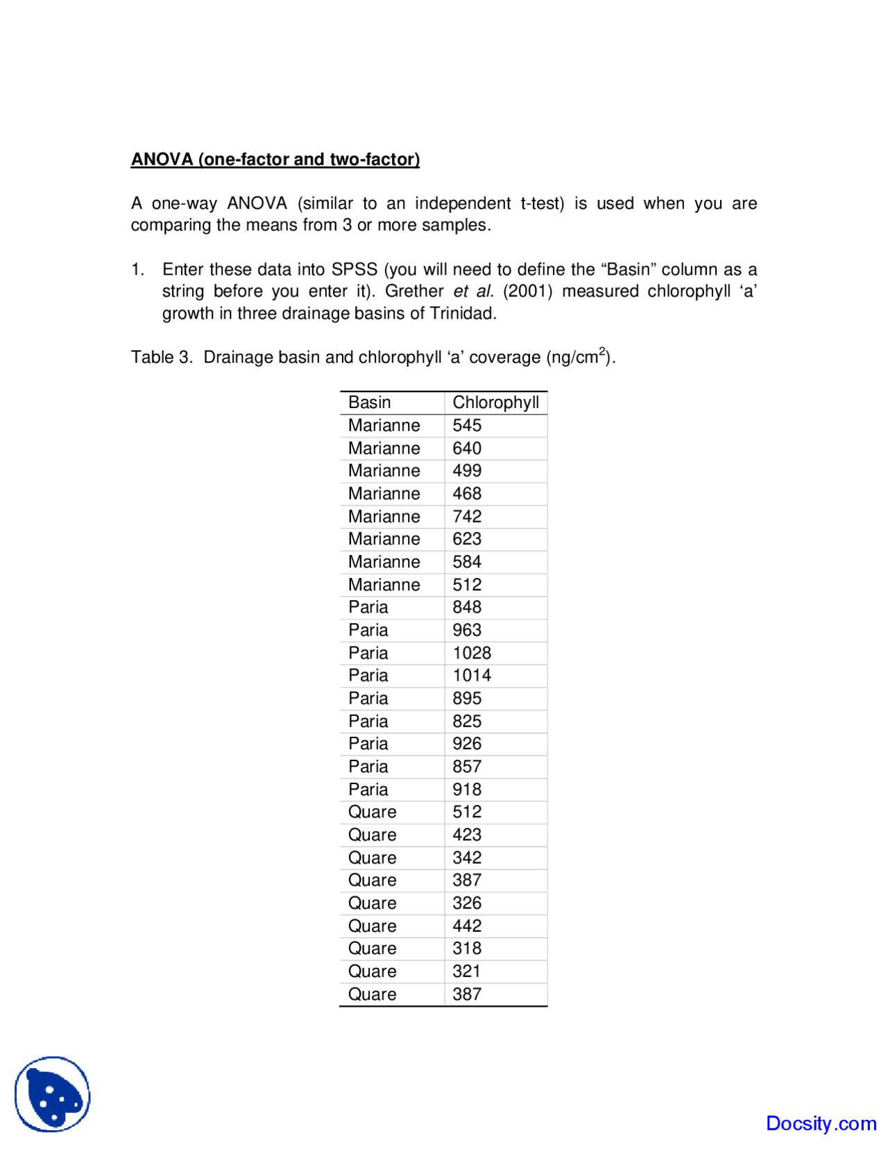 One Way Anova Analysis Of Biological Data Lecture Notes Docsity