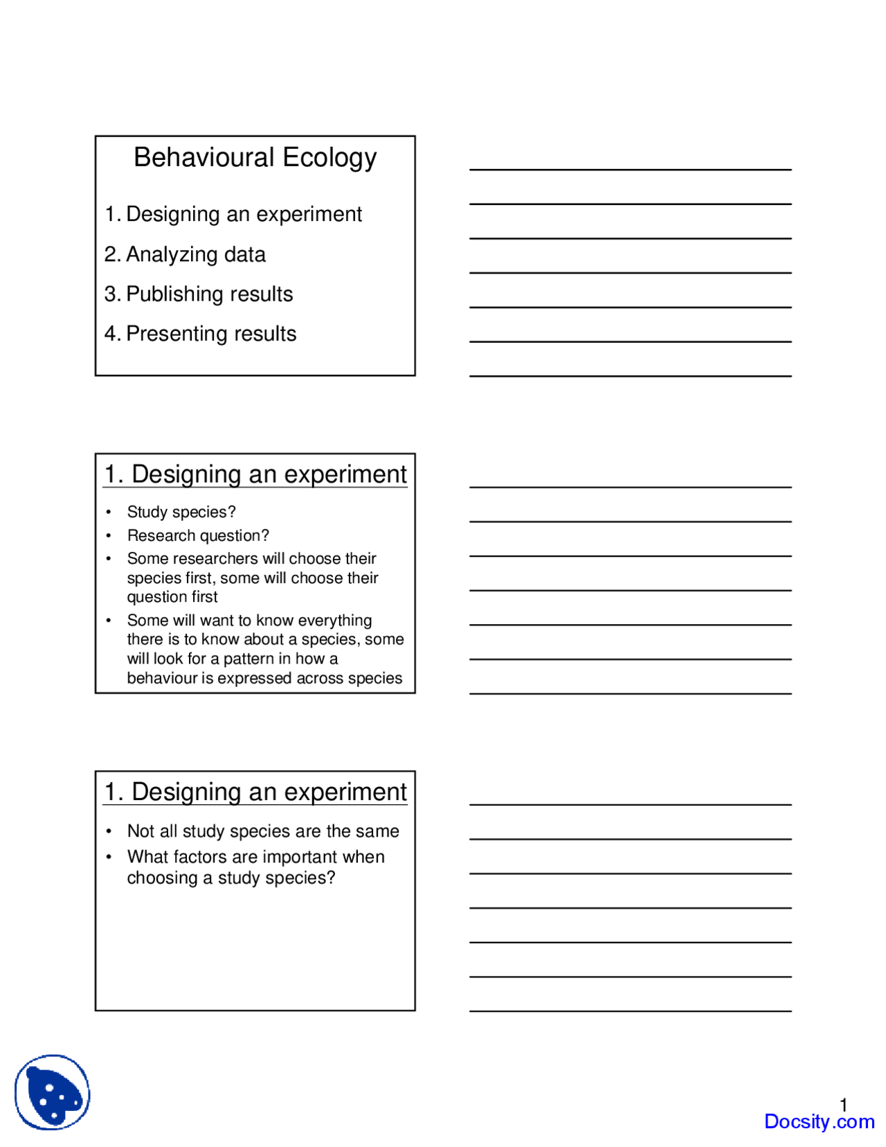Designing Experiment Behavioral Ecology Lecture Slides Docsity
