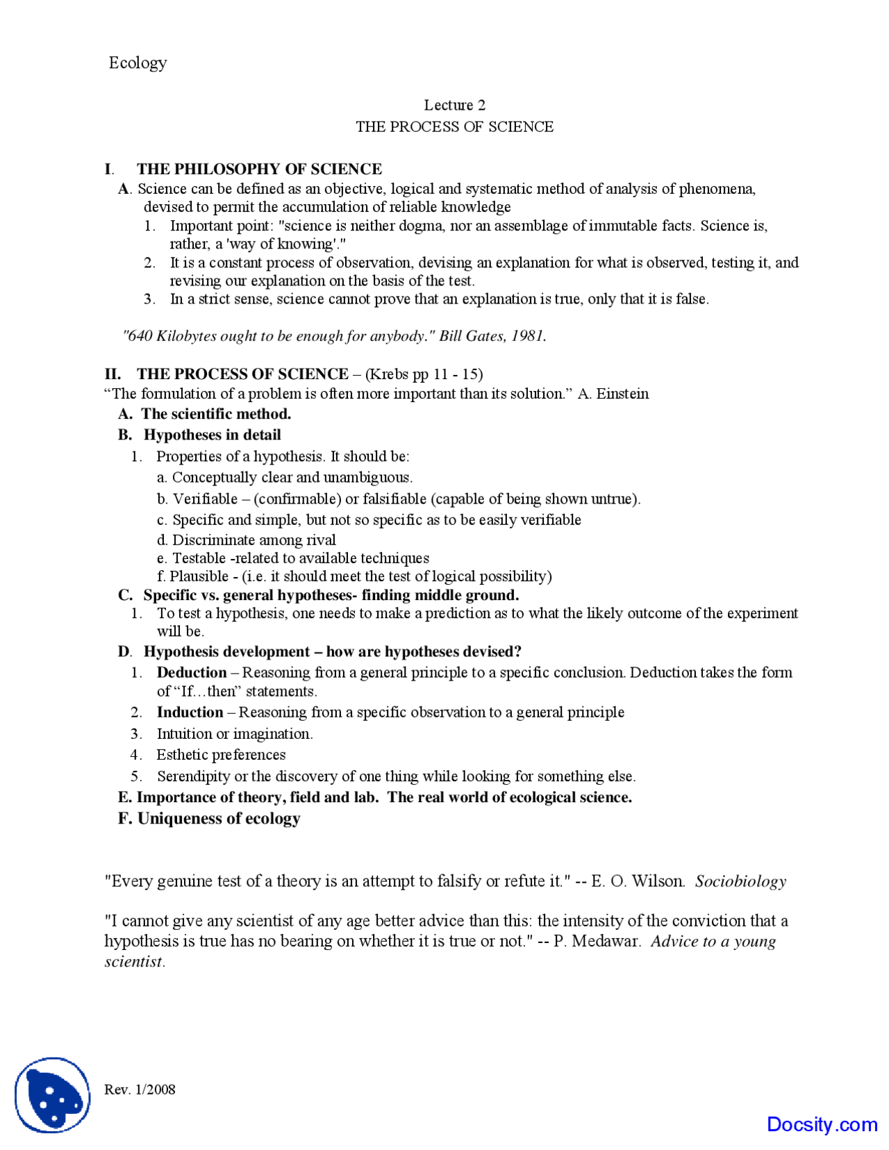 Process Of Science Ecology Lecture Notes Docsity
