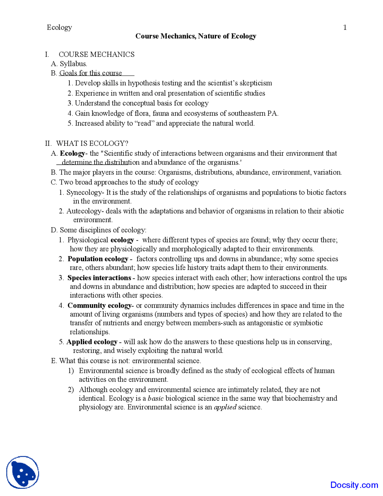 Nature Of Ecology Ecology Lecture Notes Docsity