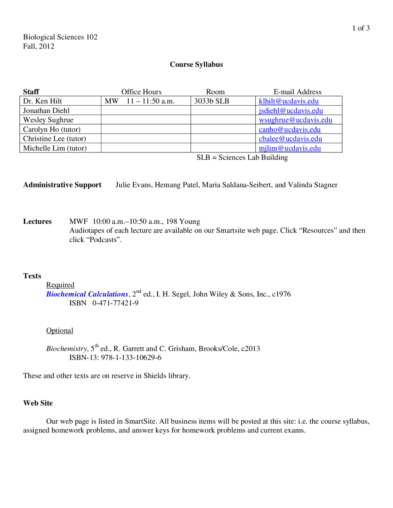Course Syllabus Structure Function Biomolecules Bis 102 Docsity