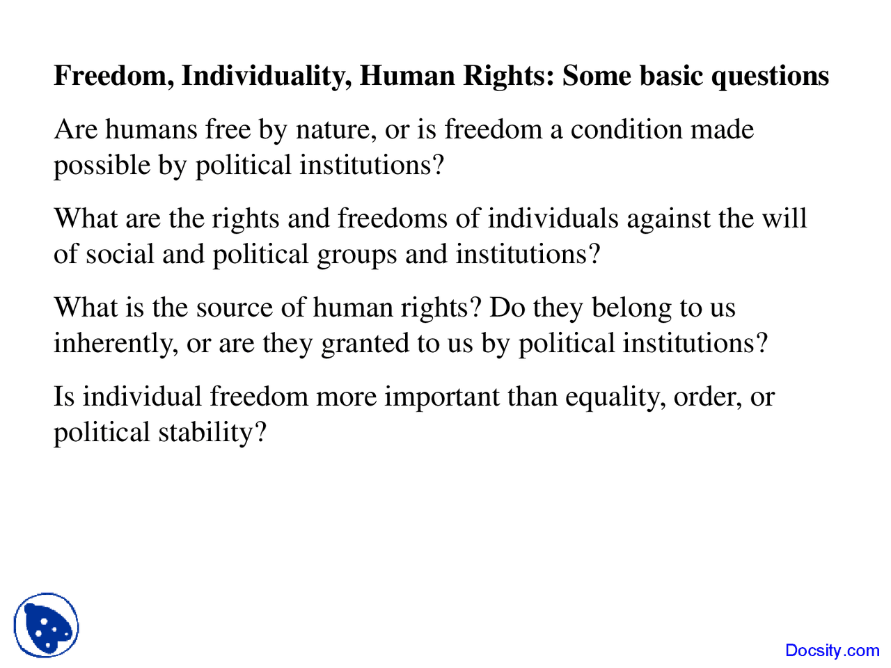 Freedom, Individuality, Human Rights - Big Ideas - Lecture Slides - Docsity