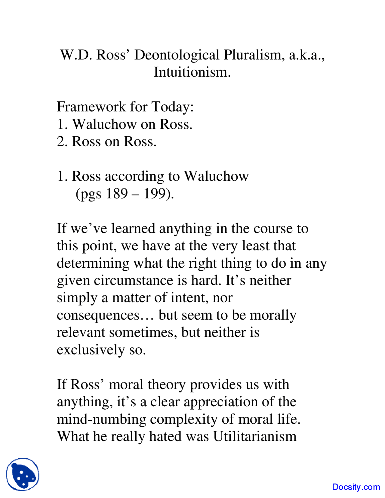 Deontological Pluralism - Ethics and Value Theory - Lecture Notes ...