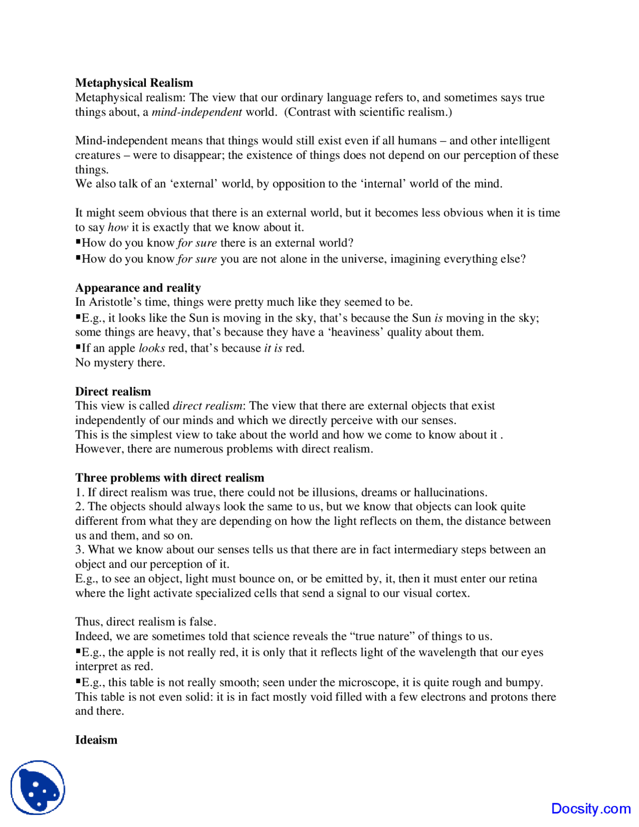 Metaphysical Realism - Philosophy of Science - Lecture Notes - Docsity