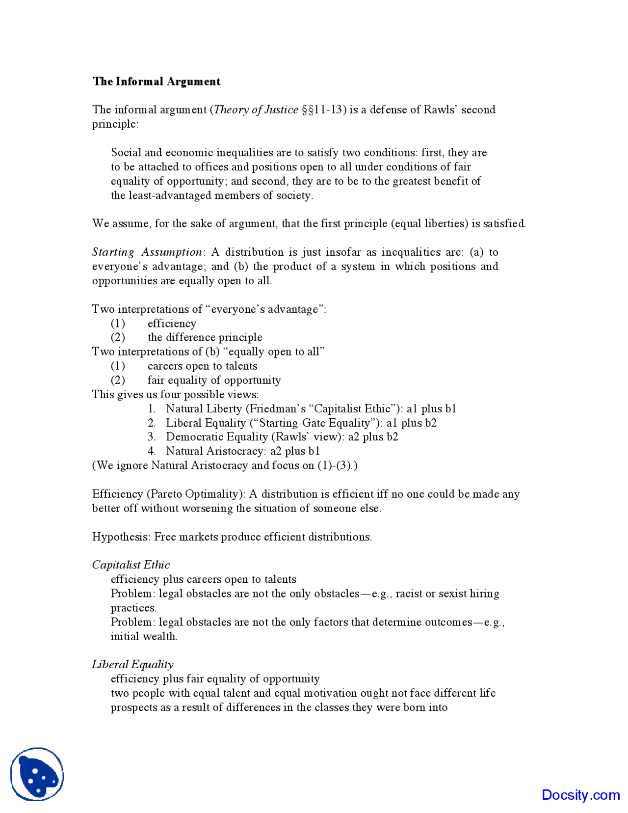 Informal Argument Philosophy Of Justice Lecture Notes Docsity