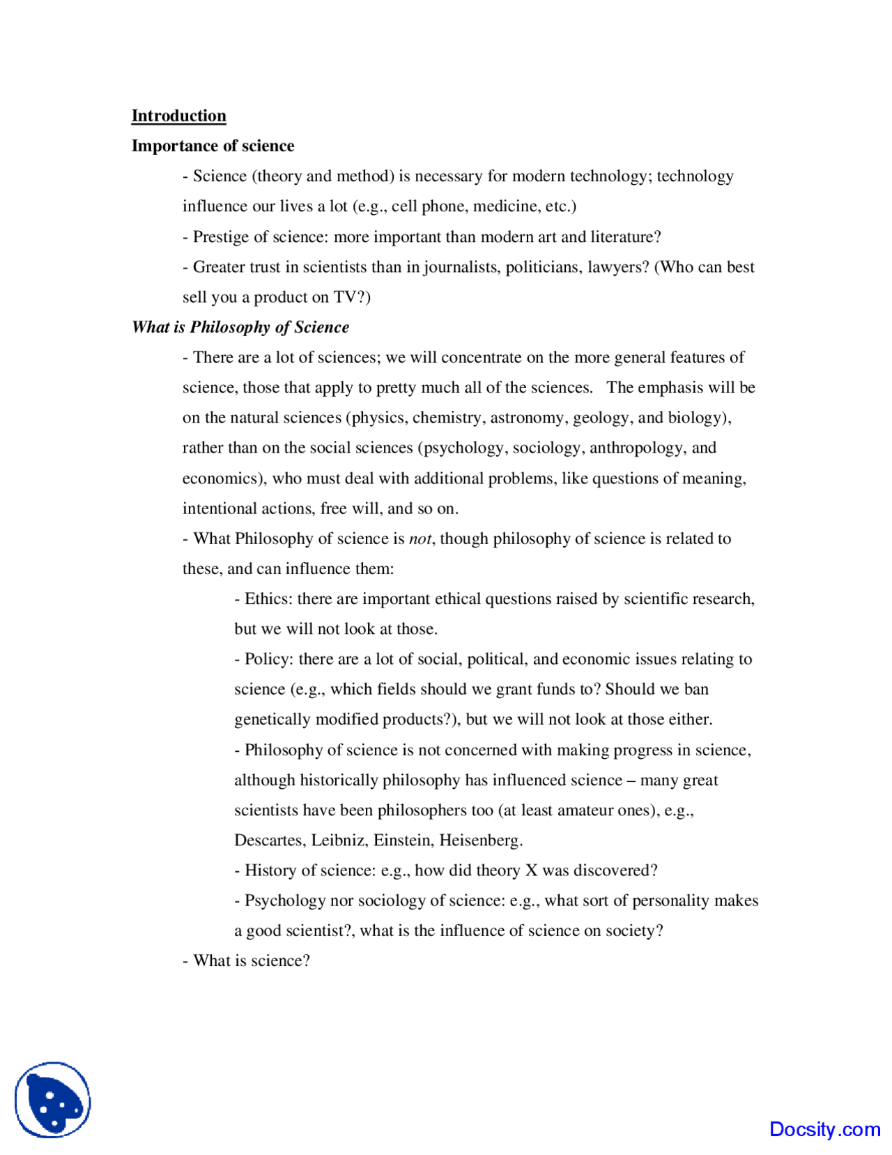 Importance Of Science Philosophy Of Science Lecture Notes Docsity