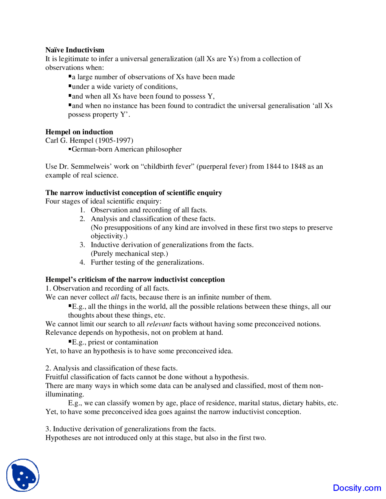 Naive Inductivism Philosophy Of Science Lecture Notes Docsity