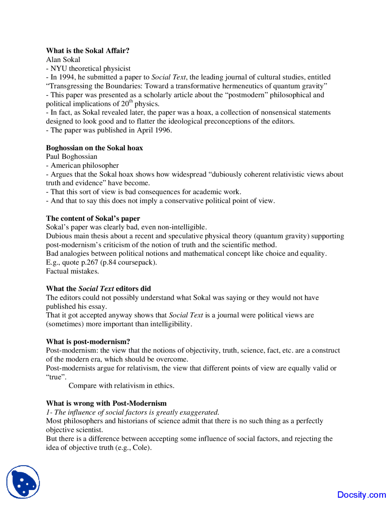 Sokal Affair - Philosophy of Science - Lecture Notes - Docsity