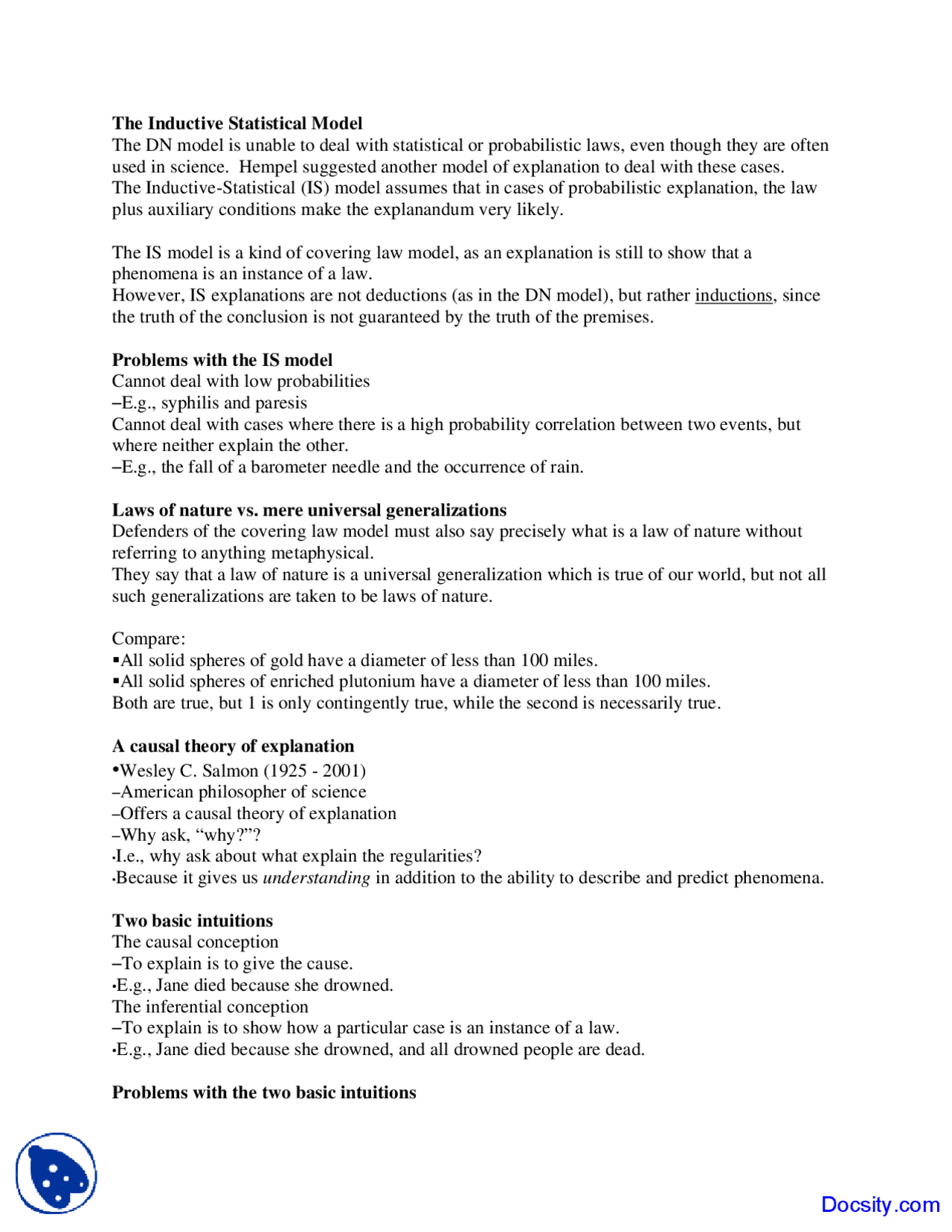 Inductive Statistical Model Philosophy Of Science Lecture Notes