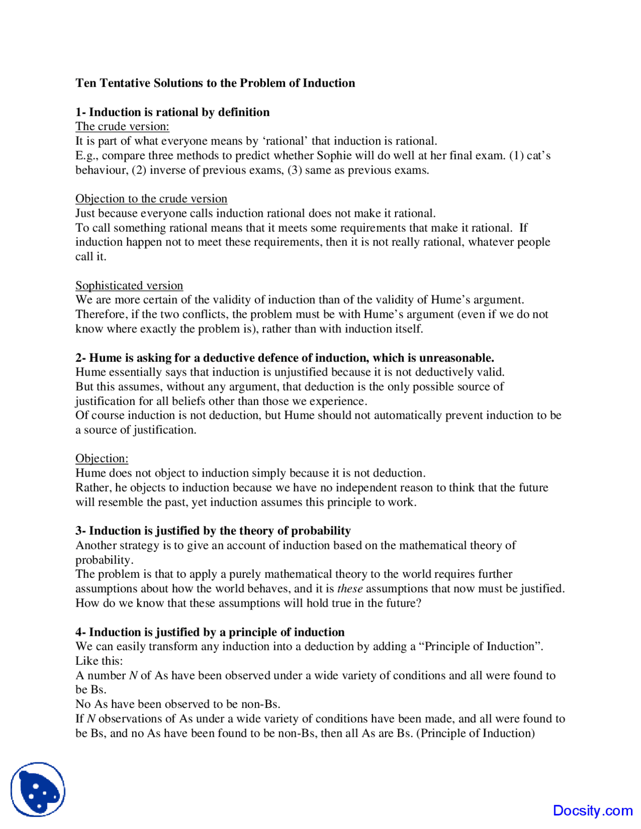 Ten Tentative Solutions - Philosophy of Science - Lecture Notes - Docsity