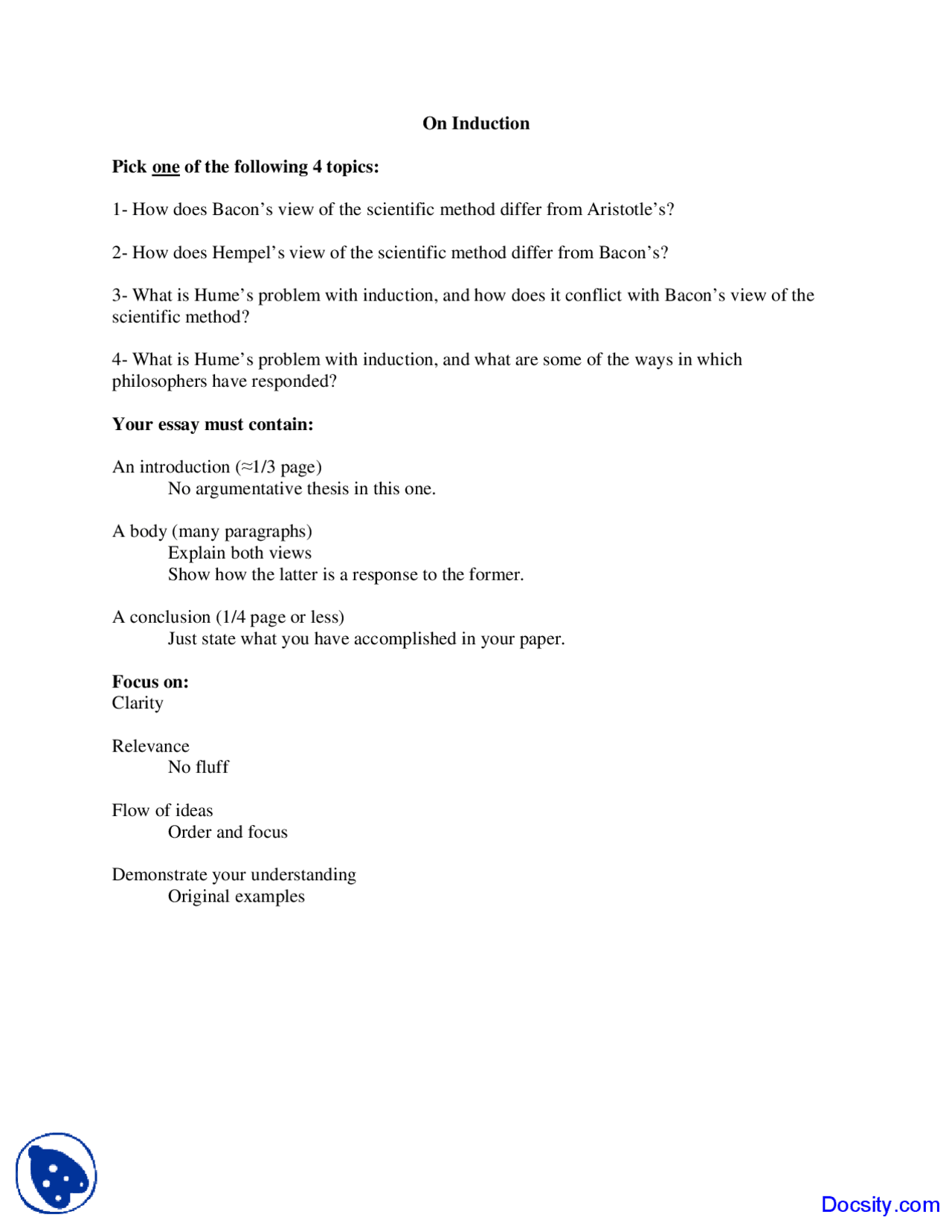 Induction Philosophy Of Science Assignment Docsity