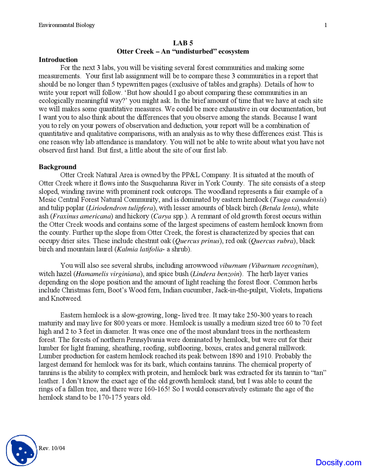 Otter Creek - Environmental Biology - Lab Handout - Docsity