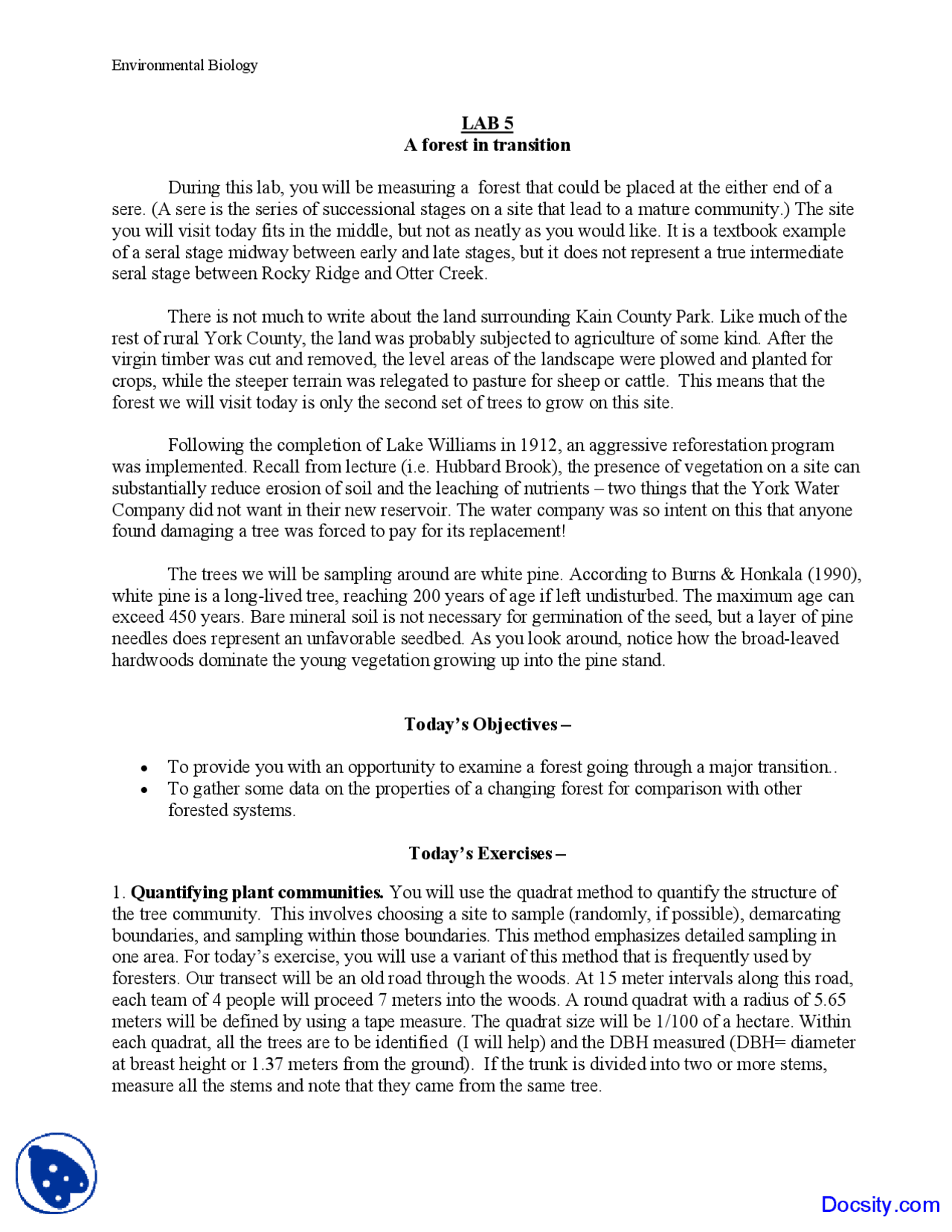 Forest In Transition Environmental Biology Lab Handout Docsity