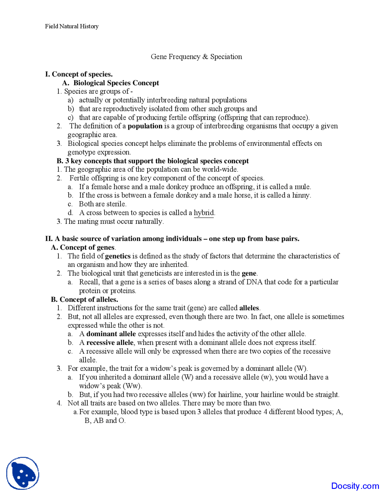 Gene Frequency Field Natural History Lecture Notes Docsity