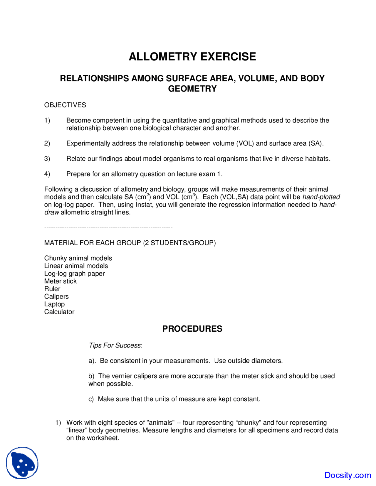 Allometry Exercise - Animal Physiology - Lab Handout - Docsity