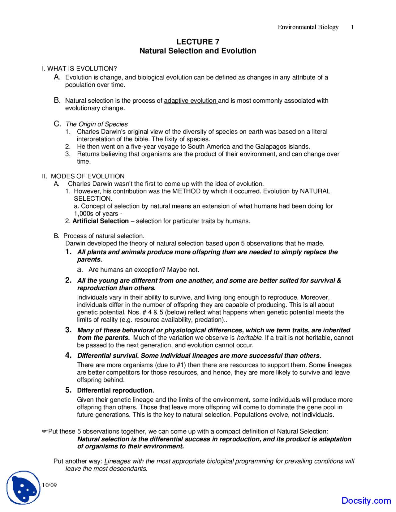 Natural Selection and Evolution - Environmental Biology - Lecture Notes ...