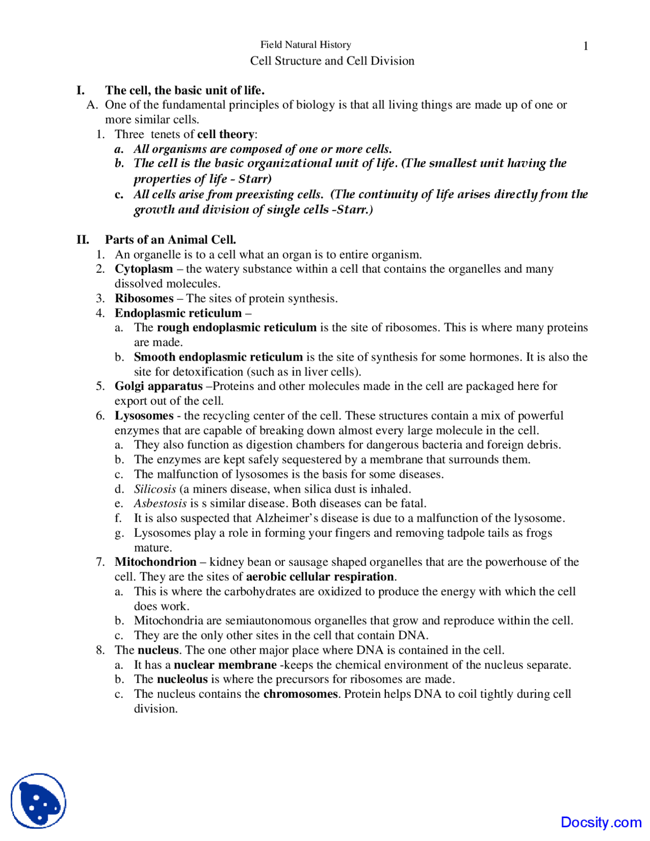 Cell Structure Field Natural History Lecture Notes Docsity