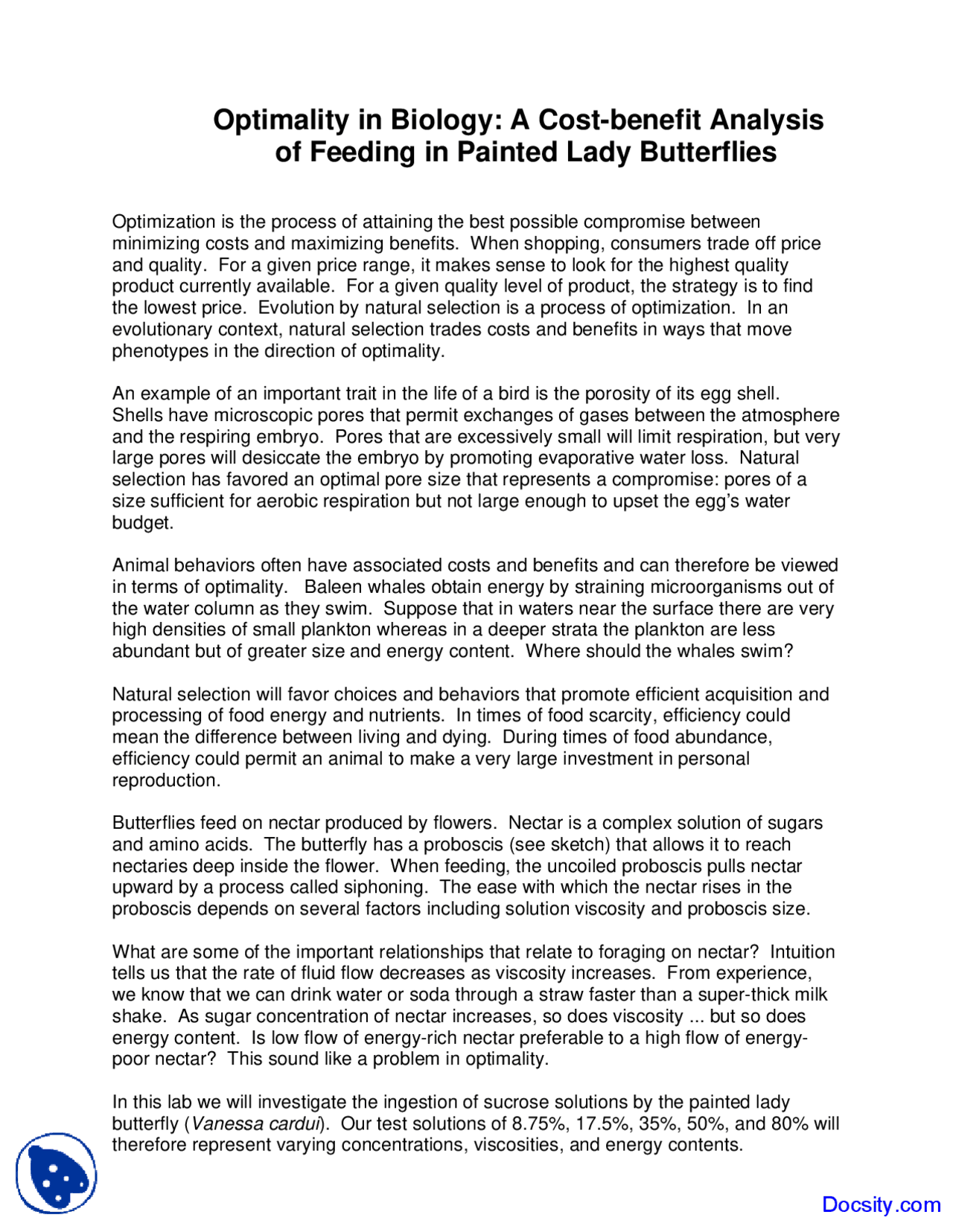 Optimality in Biology - Biology of Animals - Lab Handout - Docsity