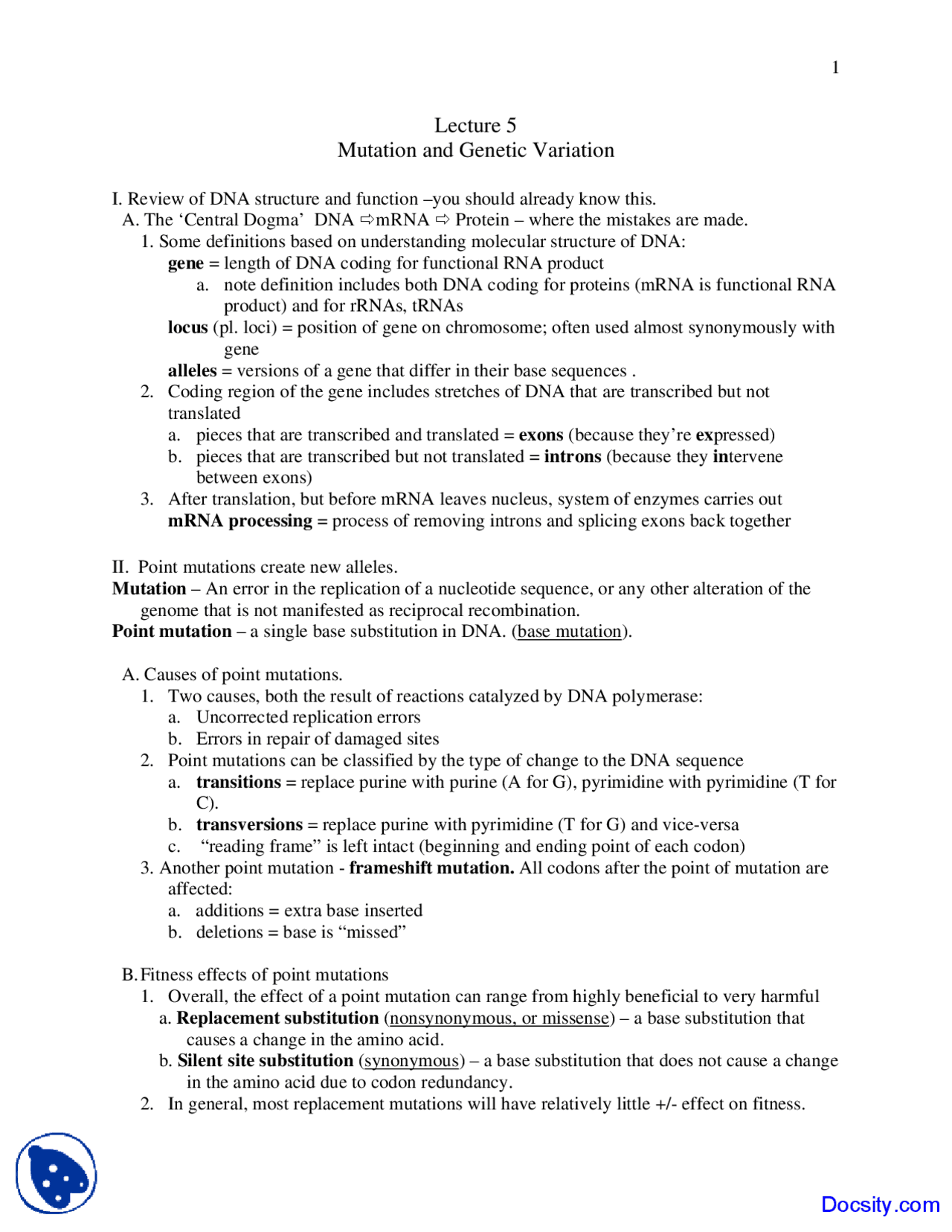 Mutation And Genetic Variation Evolutionary Biology Lecture Notes