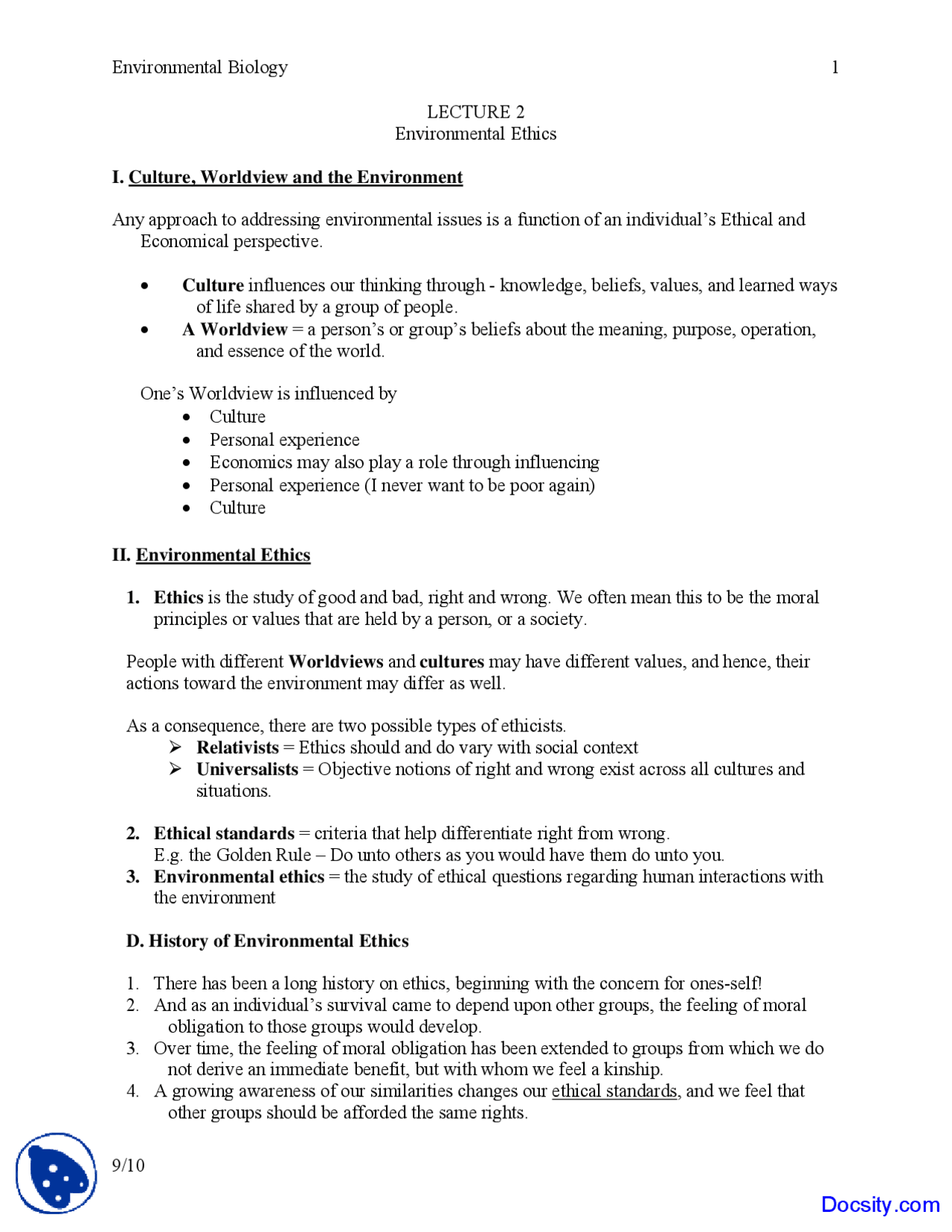 Environmental Ethics - Environmental Biology - Lecture Notes - Docsity
