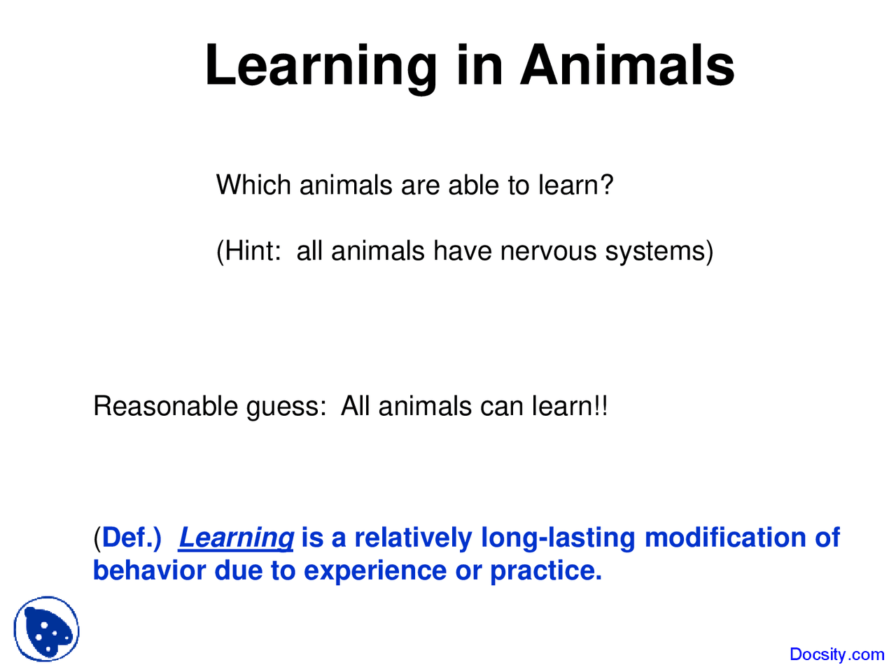 Learning in Animals - Biology of Animals - Lecture Slides - Docsity
