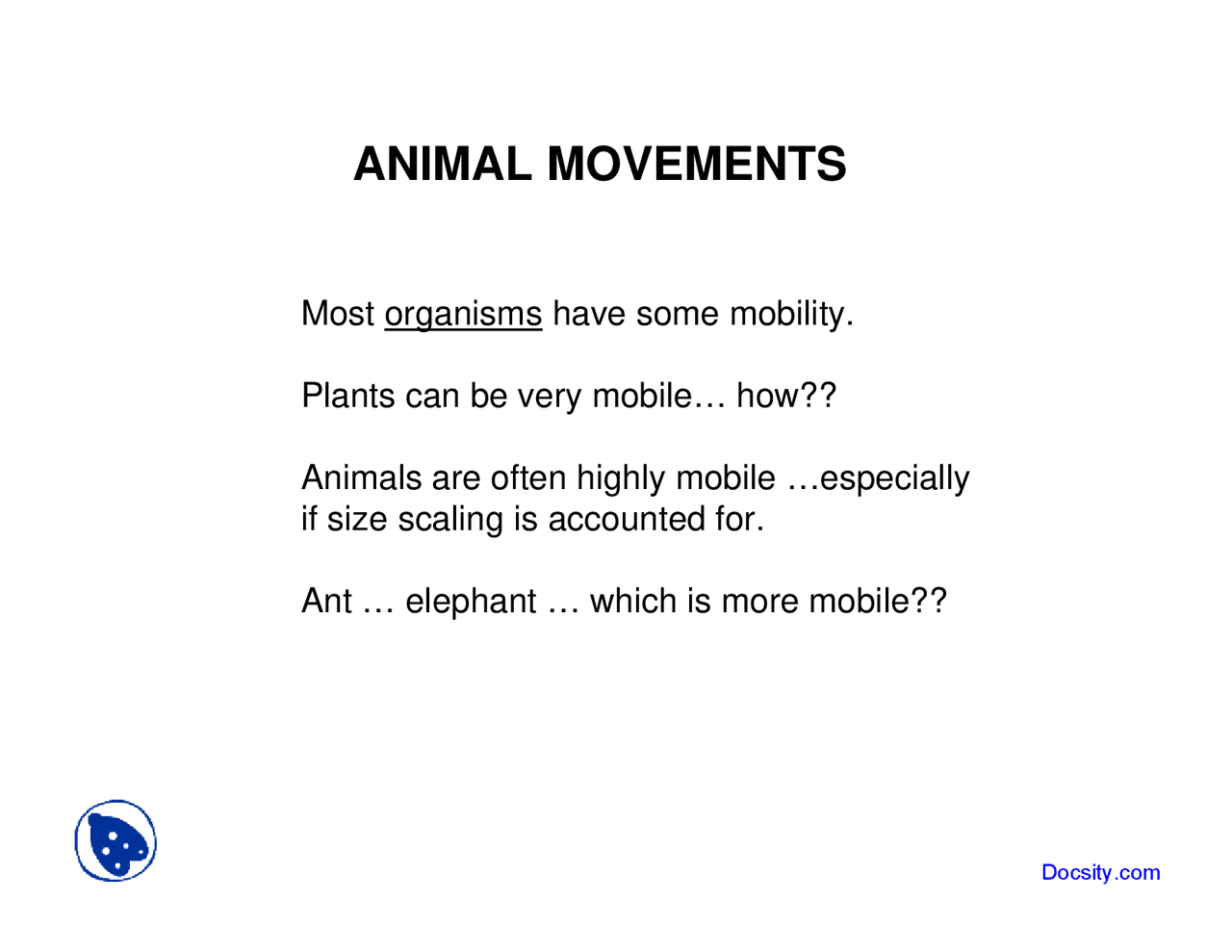 Animal Movements - Biology of Animals - Lecture Slides - Docsity