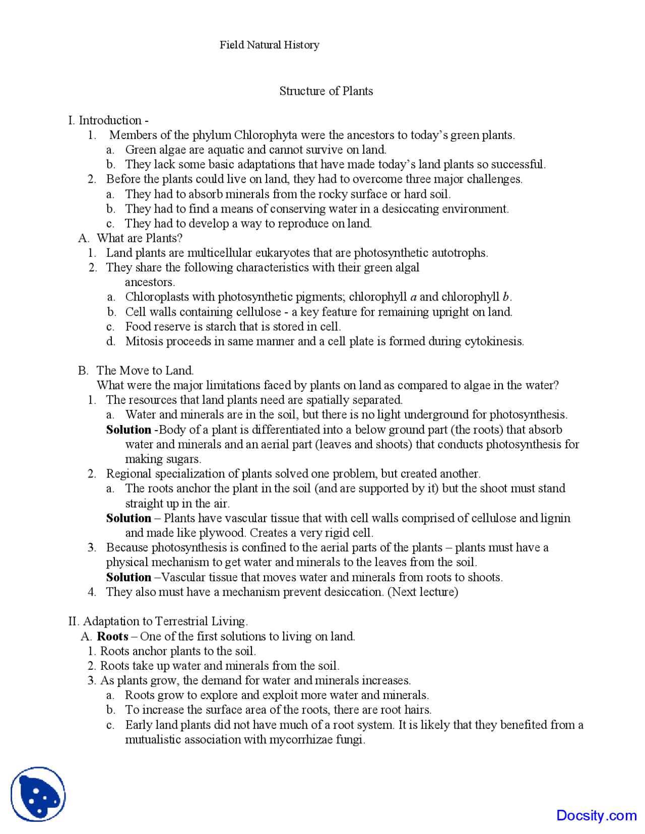 Structure Of Plants Field Natural History Lecture Notes Docsity
