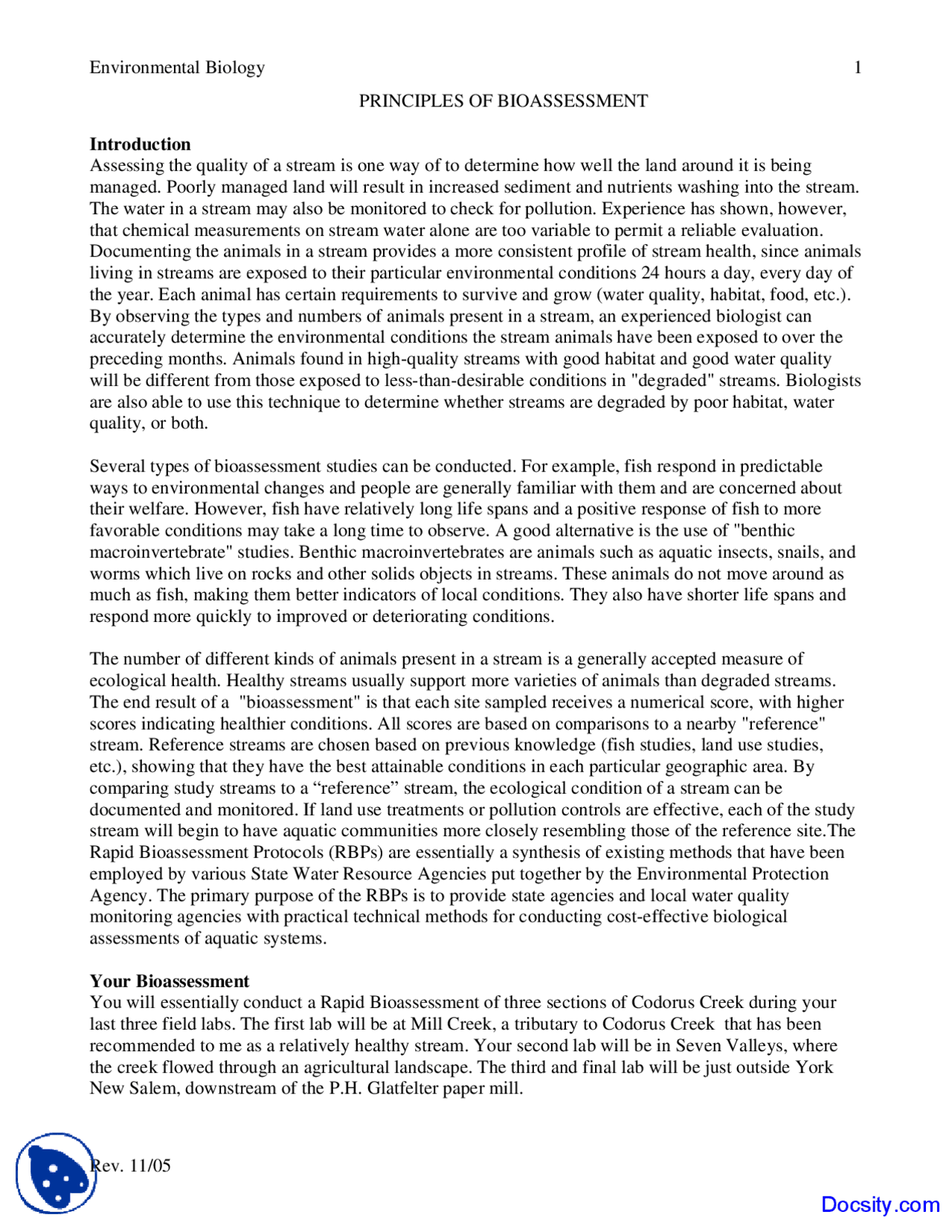 Principles of Bioassessment - Environmental Biology - Lab Handout - Docsity