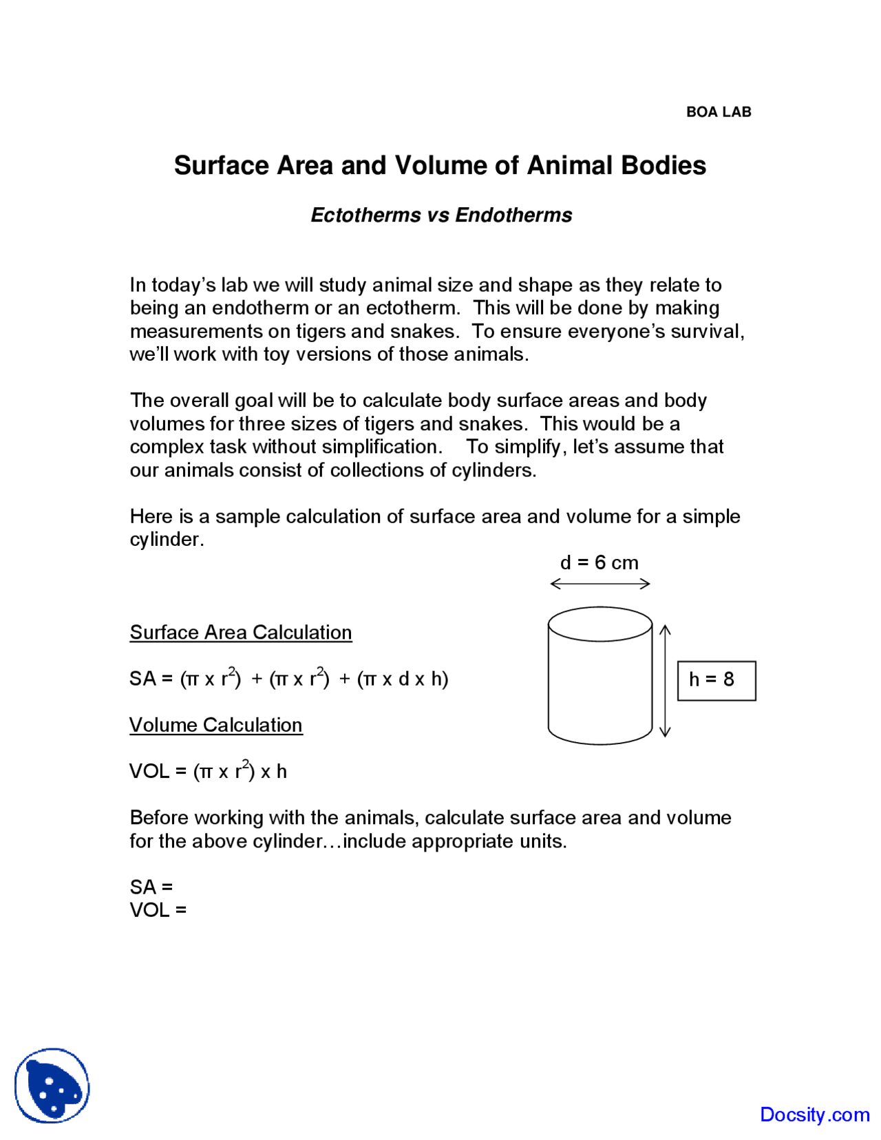 Volume of Animal Bodies - Biology of Animals - Lab Handout - Docsity