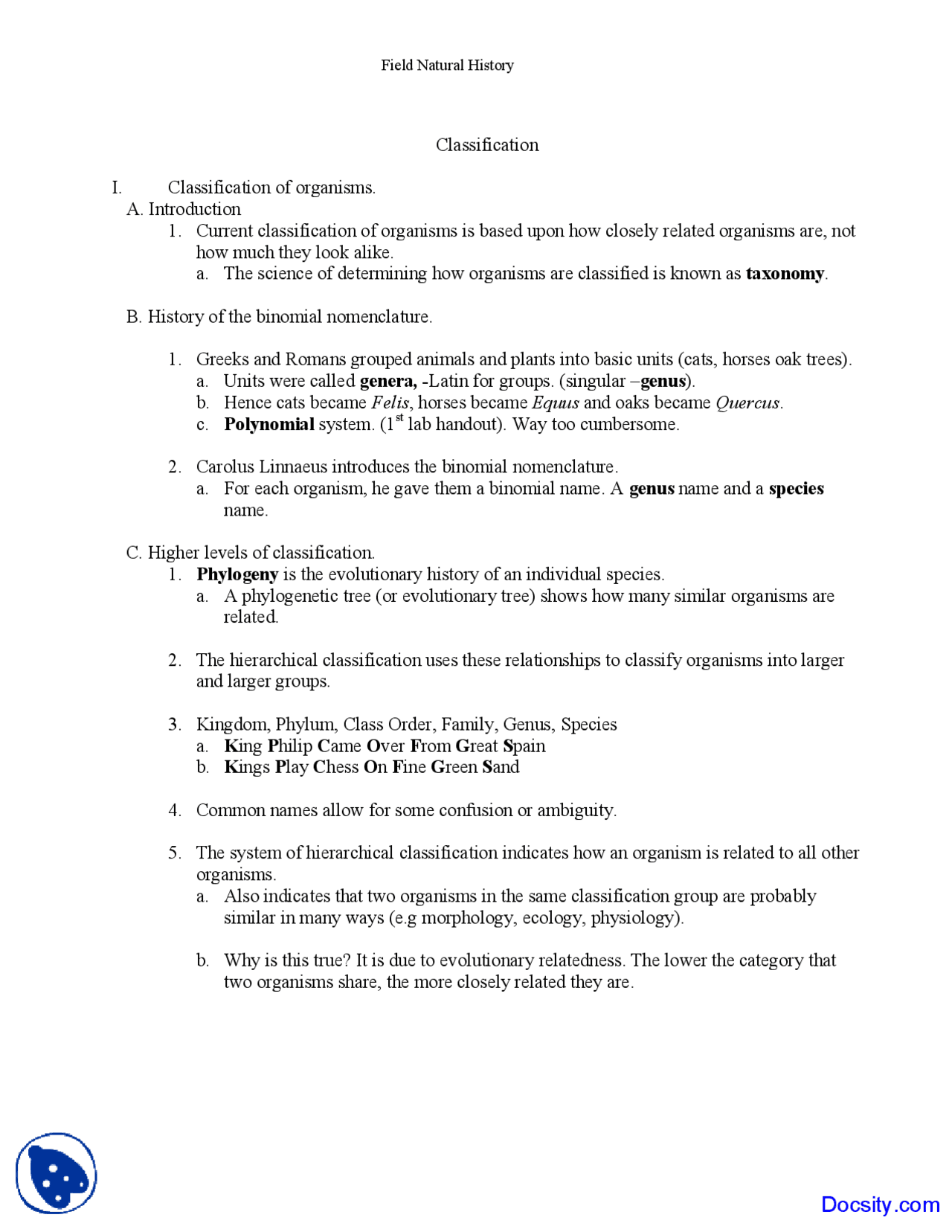 Classification Of Organisms Field Natural History Lecture Notes