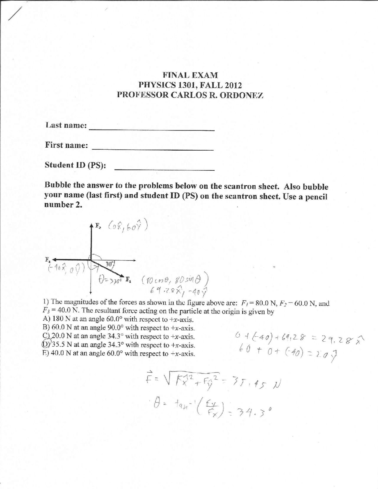 Introductory General Physics I Final Exam Solved Phys 1301 Docsity