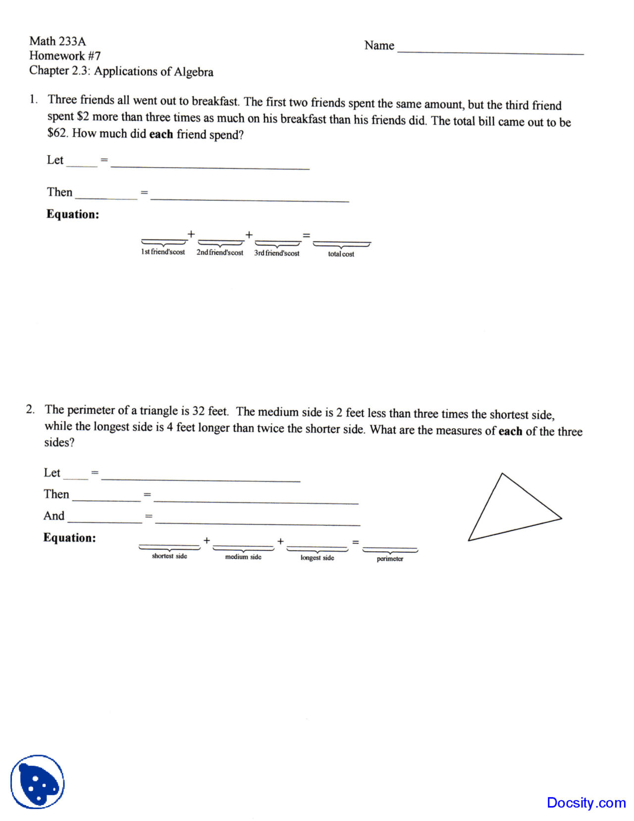 Applications of Algebra - Intermediate Algebra - Homework - Docsity