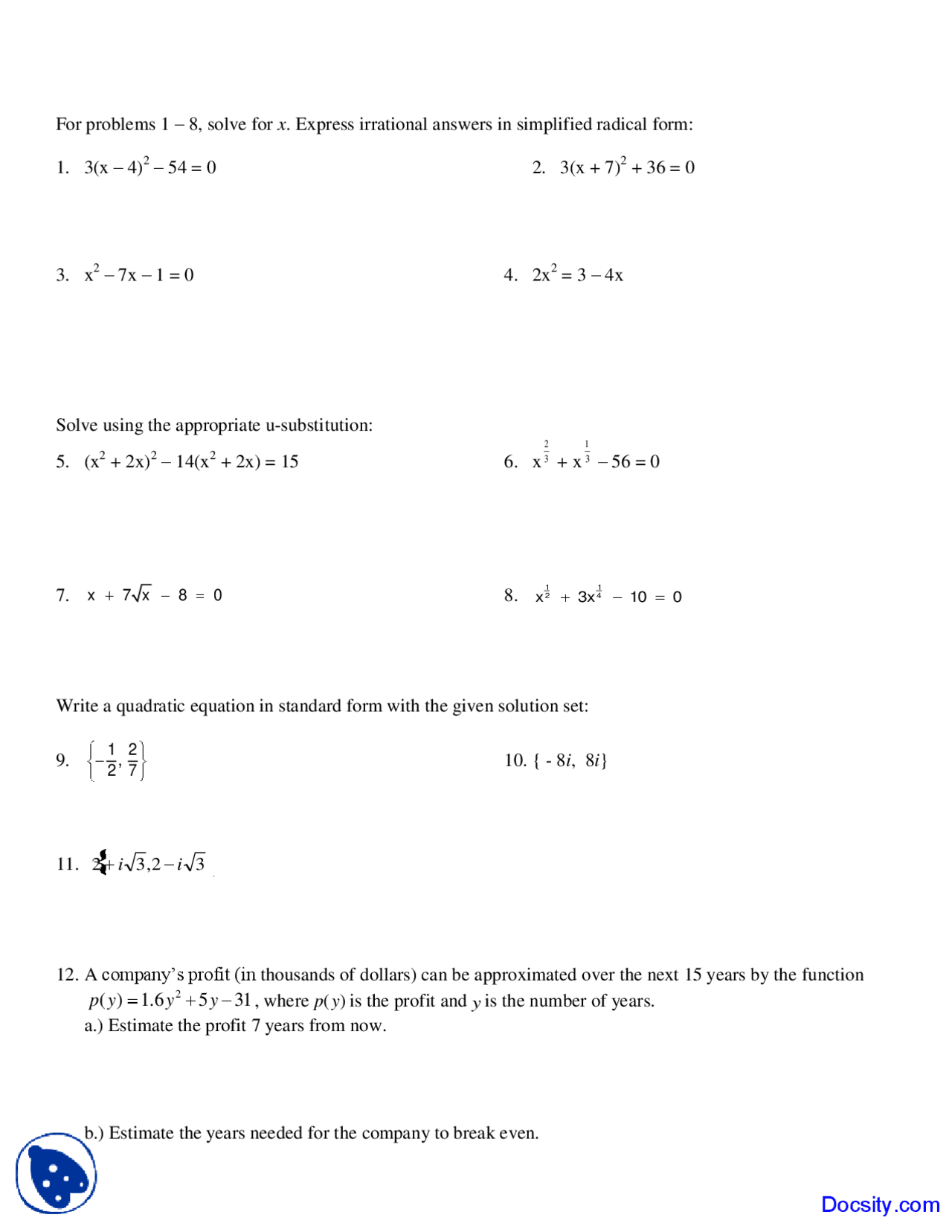 Simplified Radical Form - Intermediate Algebra - Exam - Docsity