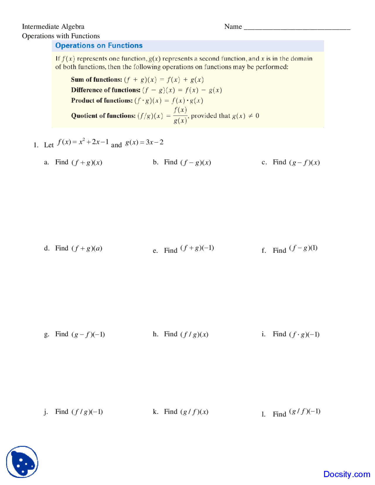 Operations With Functions Intermediate Algebra Assignment Docsity