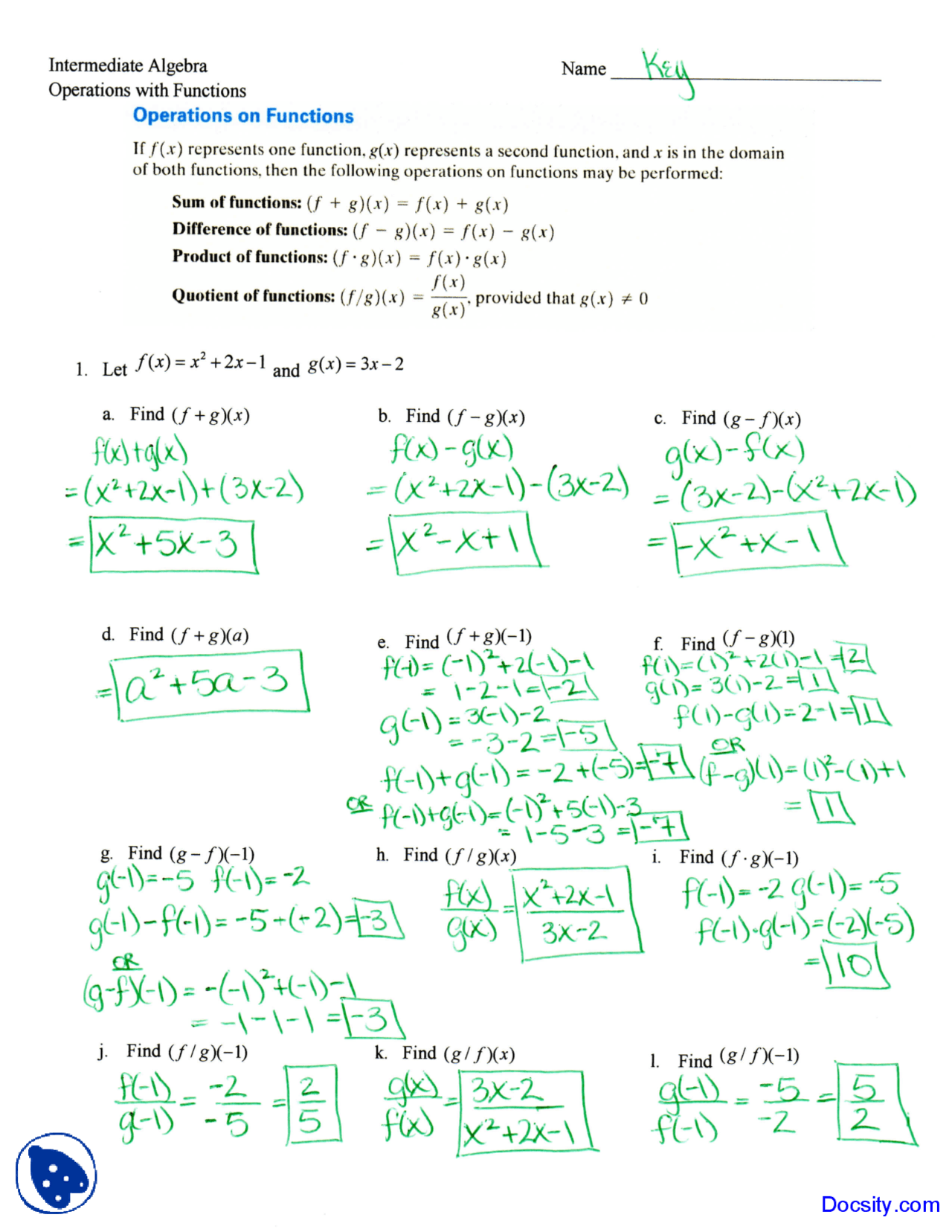 Operations Of Functions Intermediate Algebra Solved Assignment