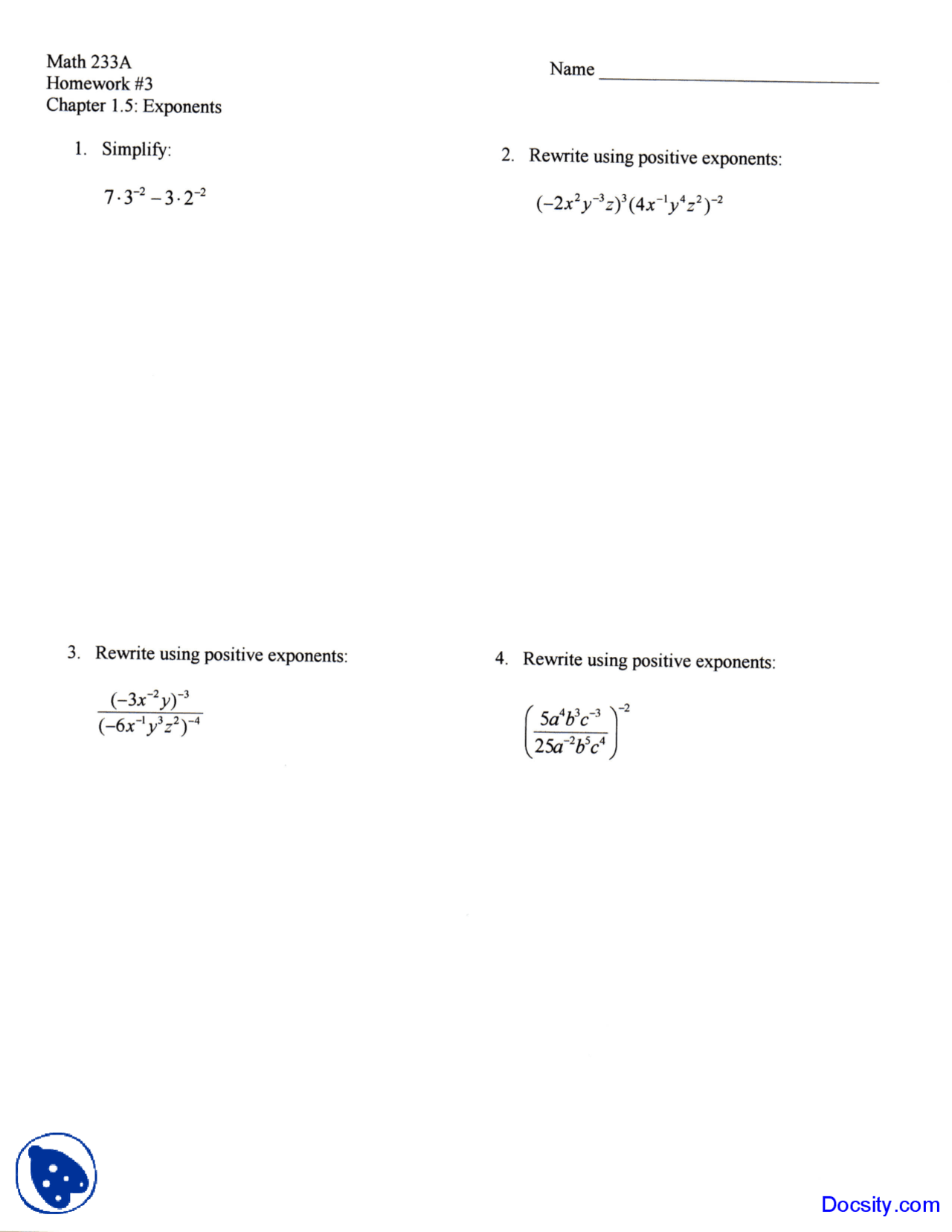 Exponents Intermediate Algebra Homework Exercises Algebra Docsity