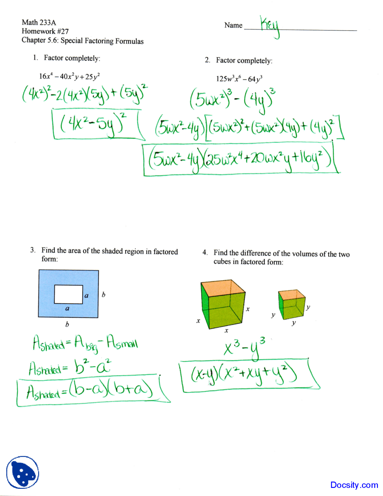 Special Factoring Formulas - Intermediate Algebra - Homework Solutions ...