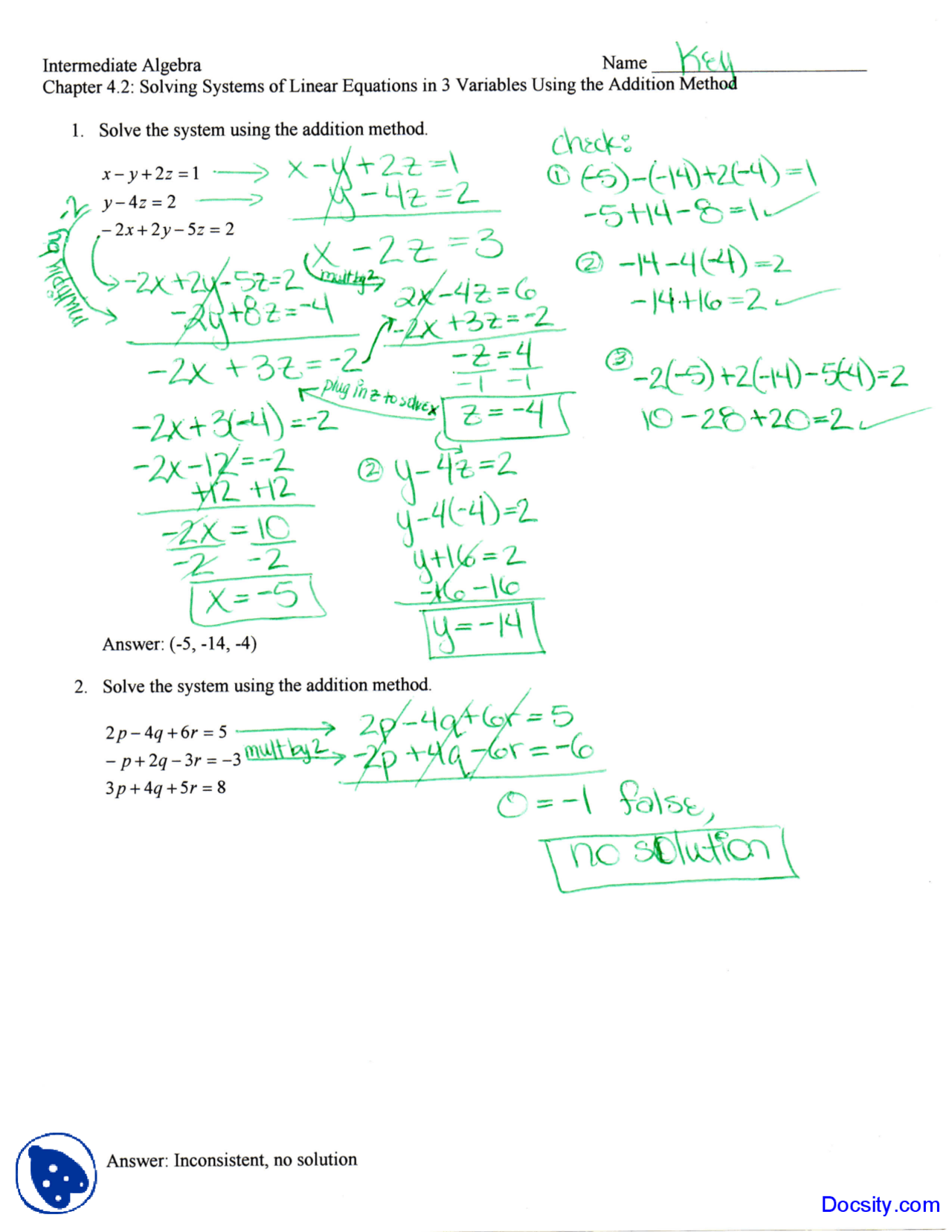 Solving By Elinimation Intermediate Algebra Solved Assignment Docsity