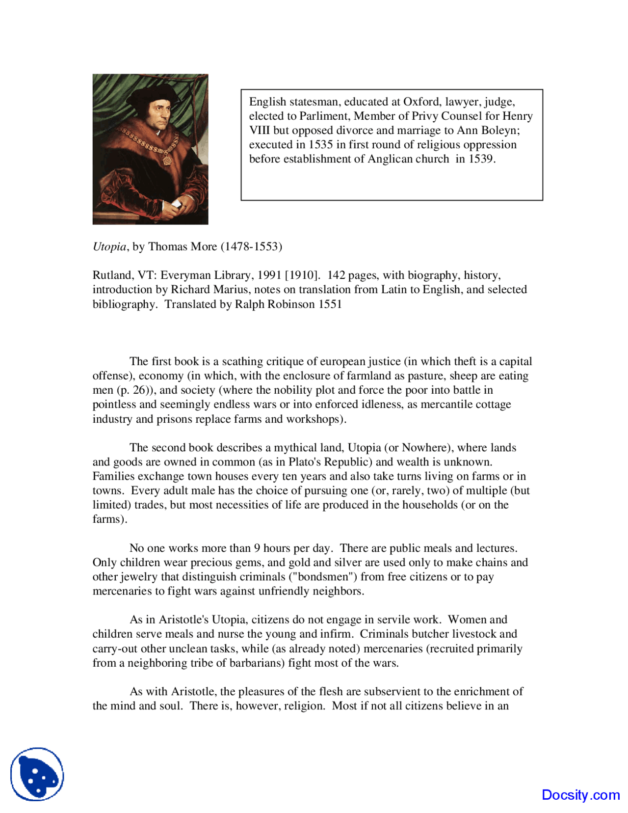 Thomas More Classical Theory Lecture Notes Docsity