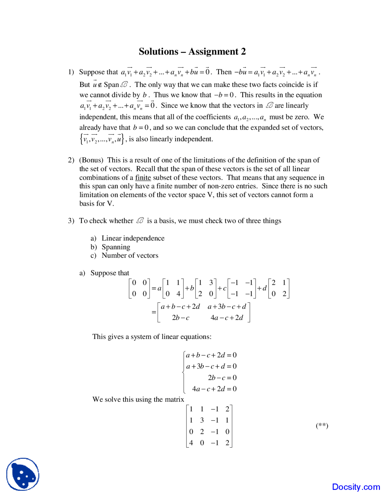 Set Of Vectors Math Solved Assignment Docsity