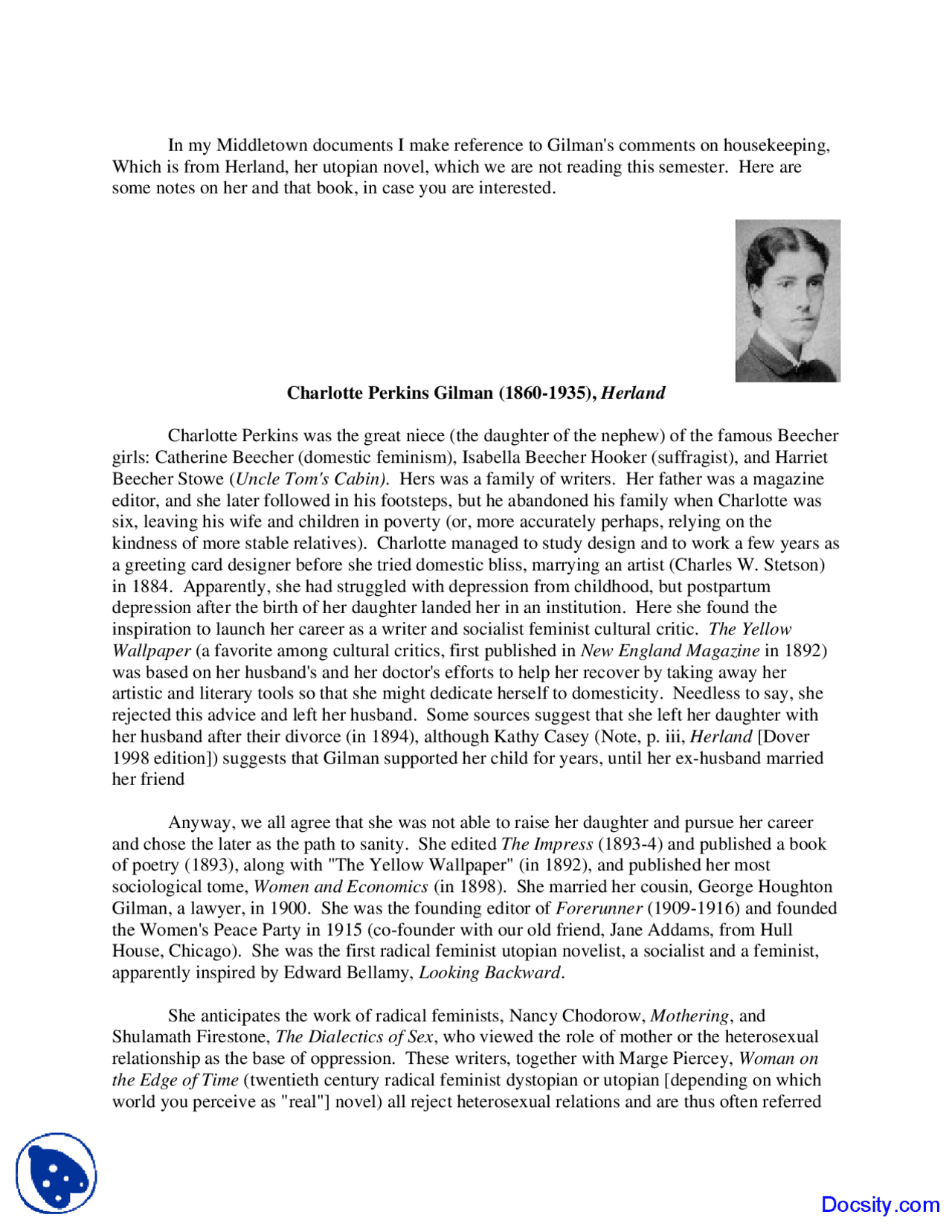 Charlotte Perkins Gilman - Community Organization - Lecture Notes - Docsity